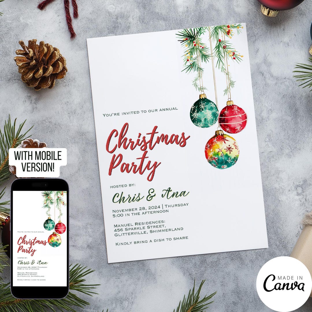 Christmas Dinner Party Invitation Template, Editable Holiday Digital ...