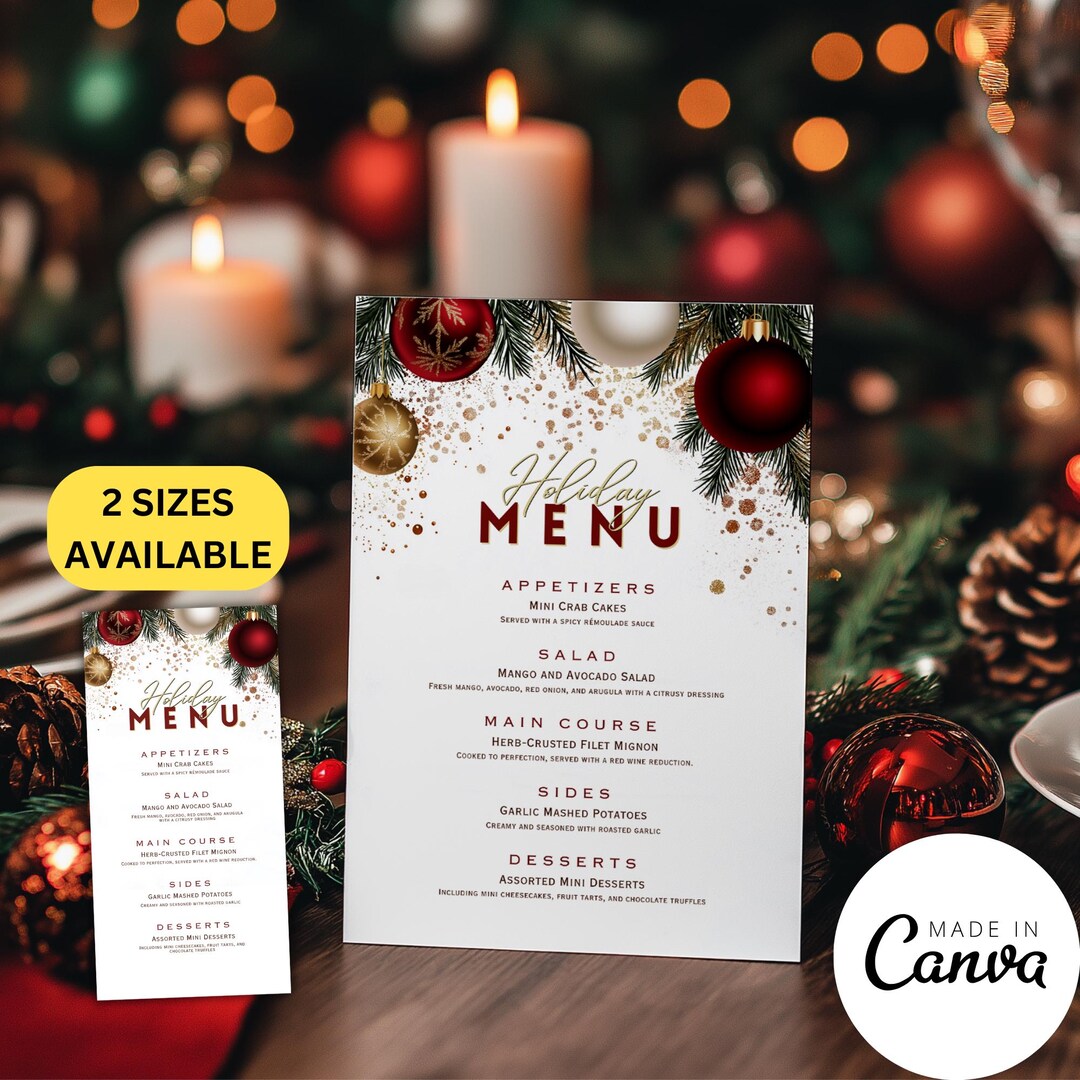 Christmas Menu Card Template, Holiday Dinner Menu Letter, Winter ...