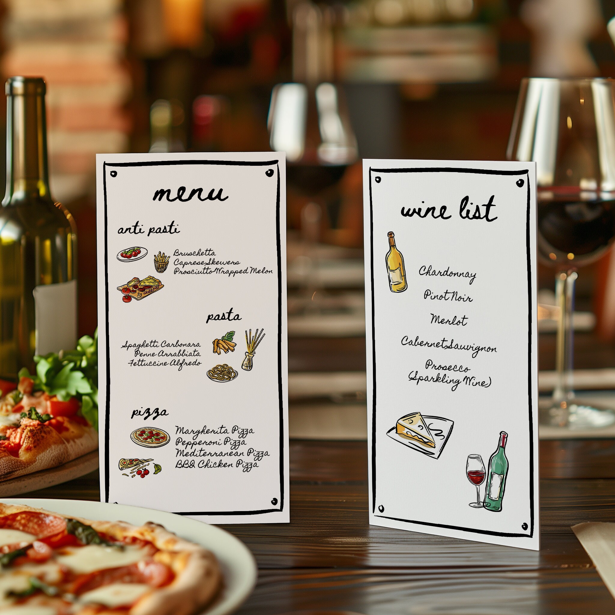 Pizza and Wine Menu Card Template, Italian Themed Birthday Dinner Menu ...