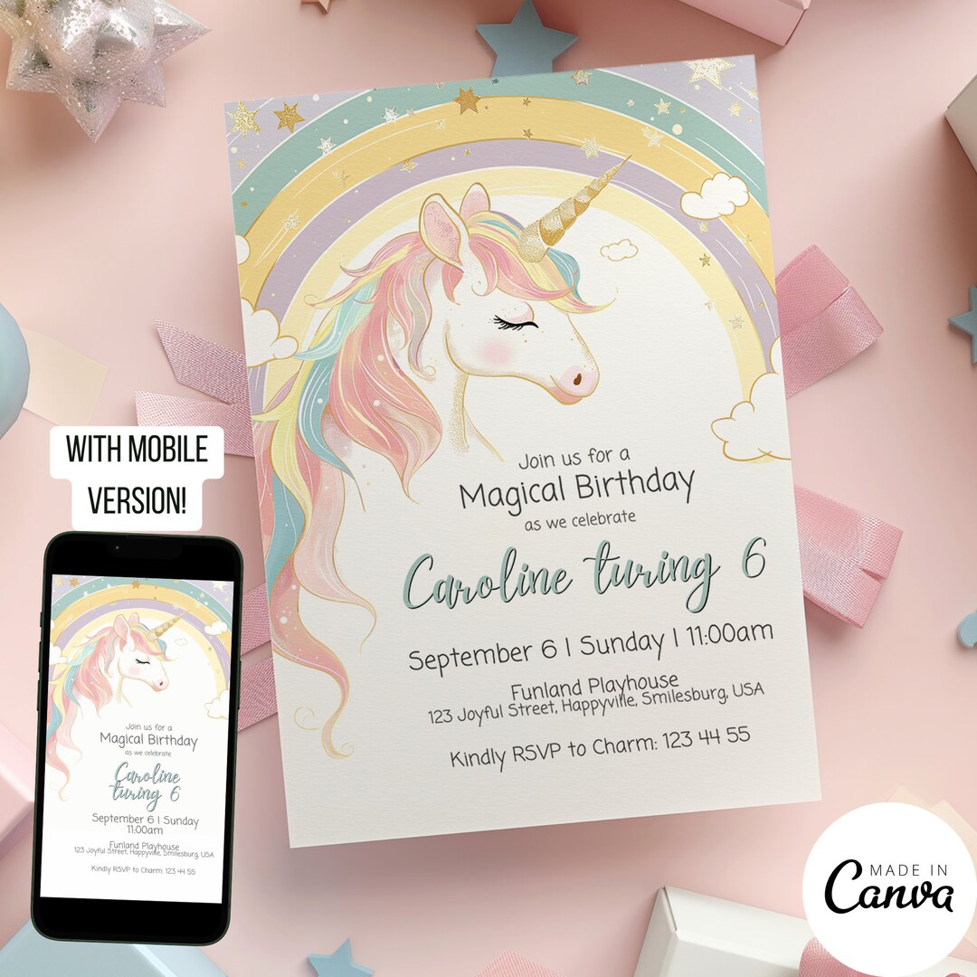 Magical Unicorn Birthday Invitation Template, Pastel Rainbow First Bday ...