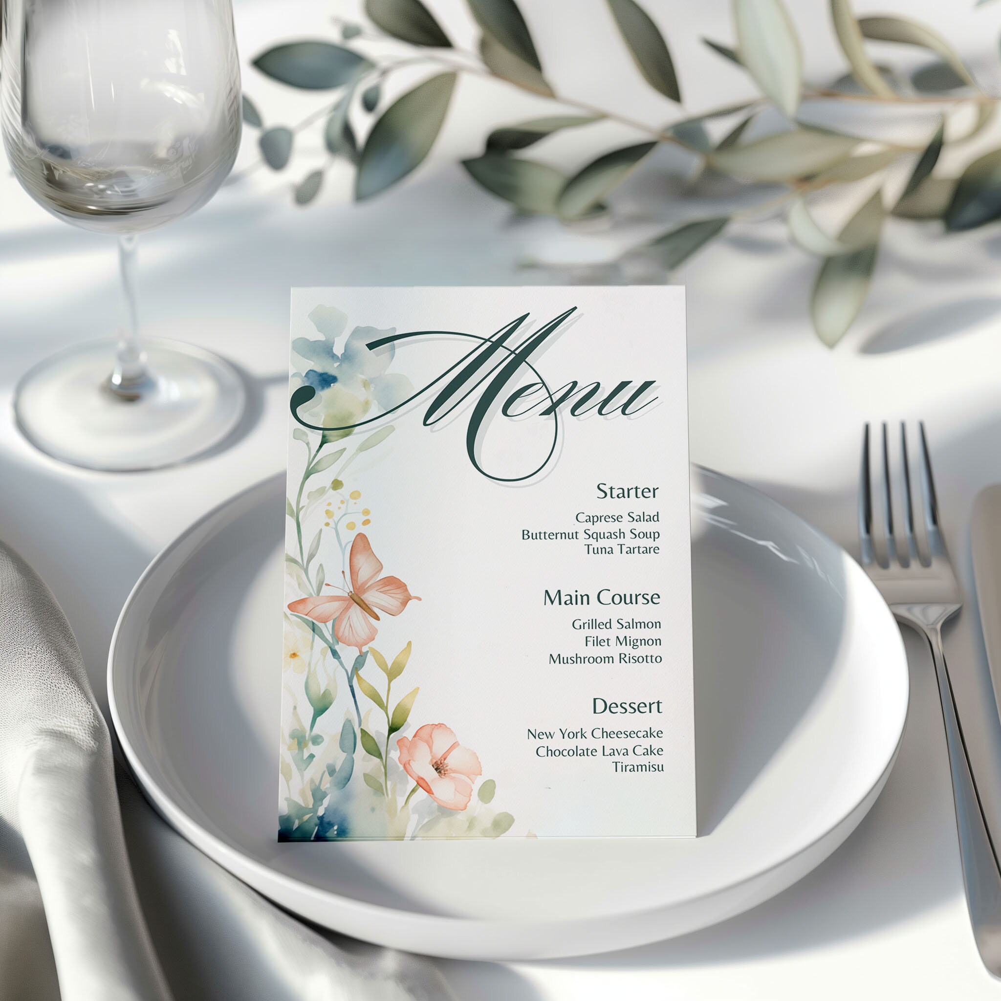 Butterfly Wedding Menu Card Template, EDITABLE Spring Floral Lunch Menu ...
