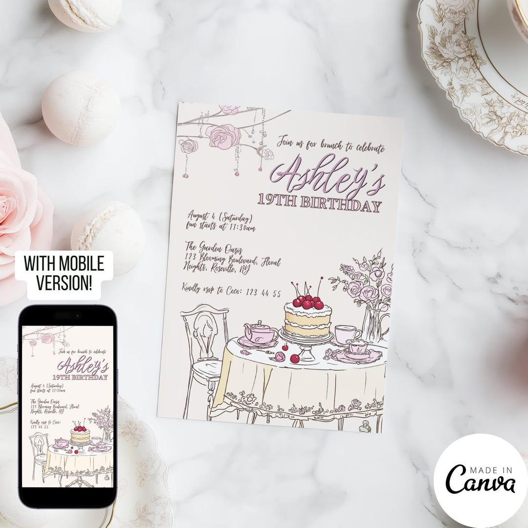 Rococo Coquette Birthday Invitation Template, Hand Drawn French Style ...