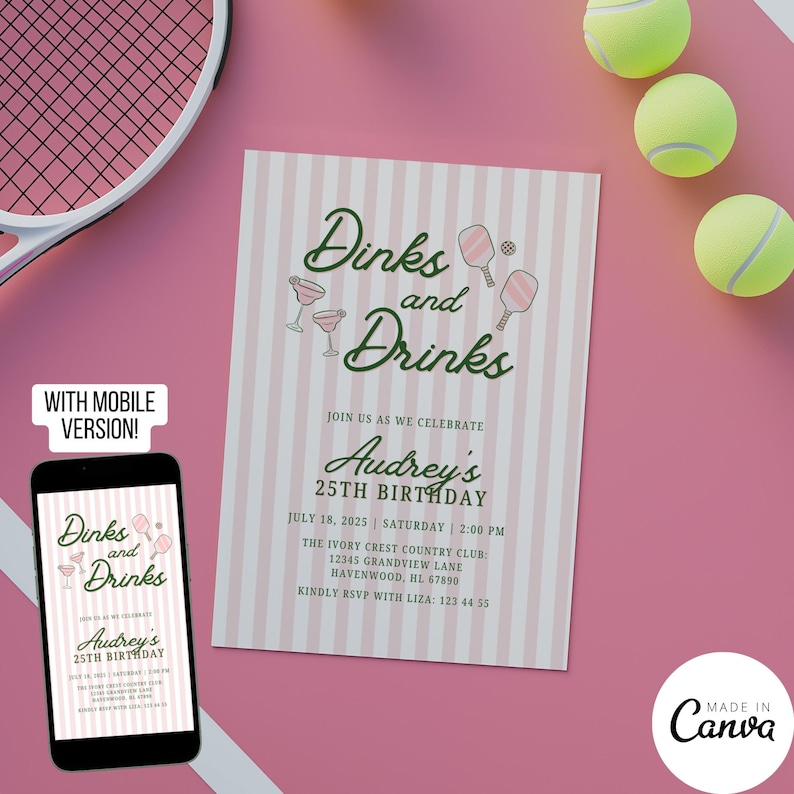Dinks and Drinks Birthday Invitation Template, Pickleball Themed ...