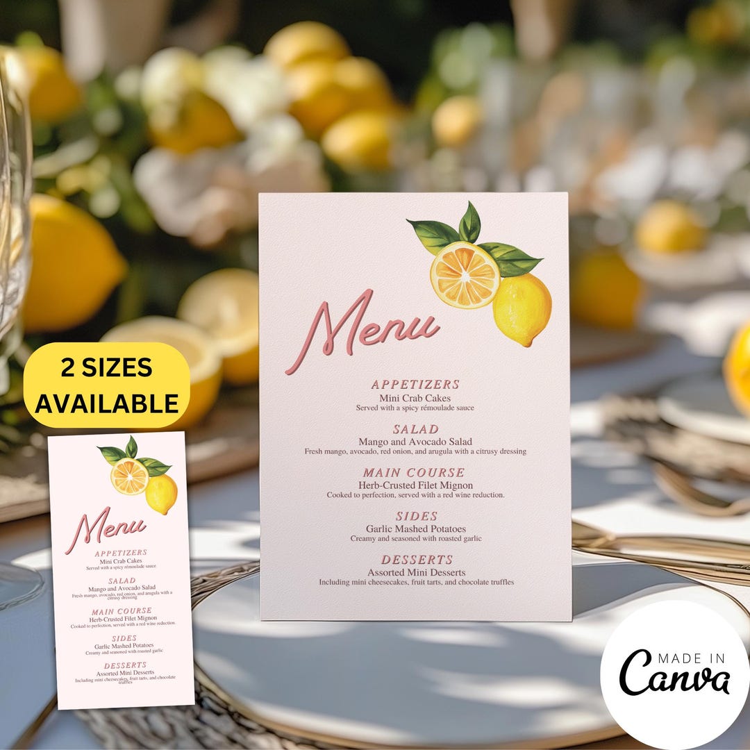 Italian Summer Wedding Menu Card Template, Citrus Lemon Birthday Brunch ...