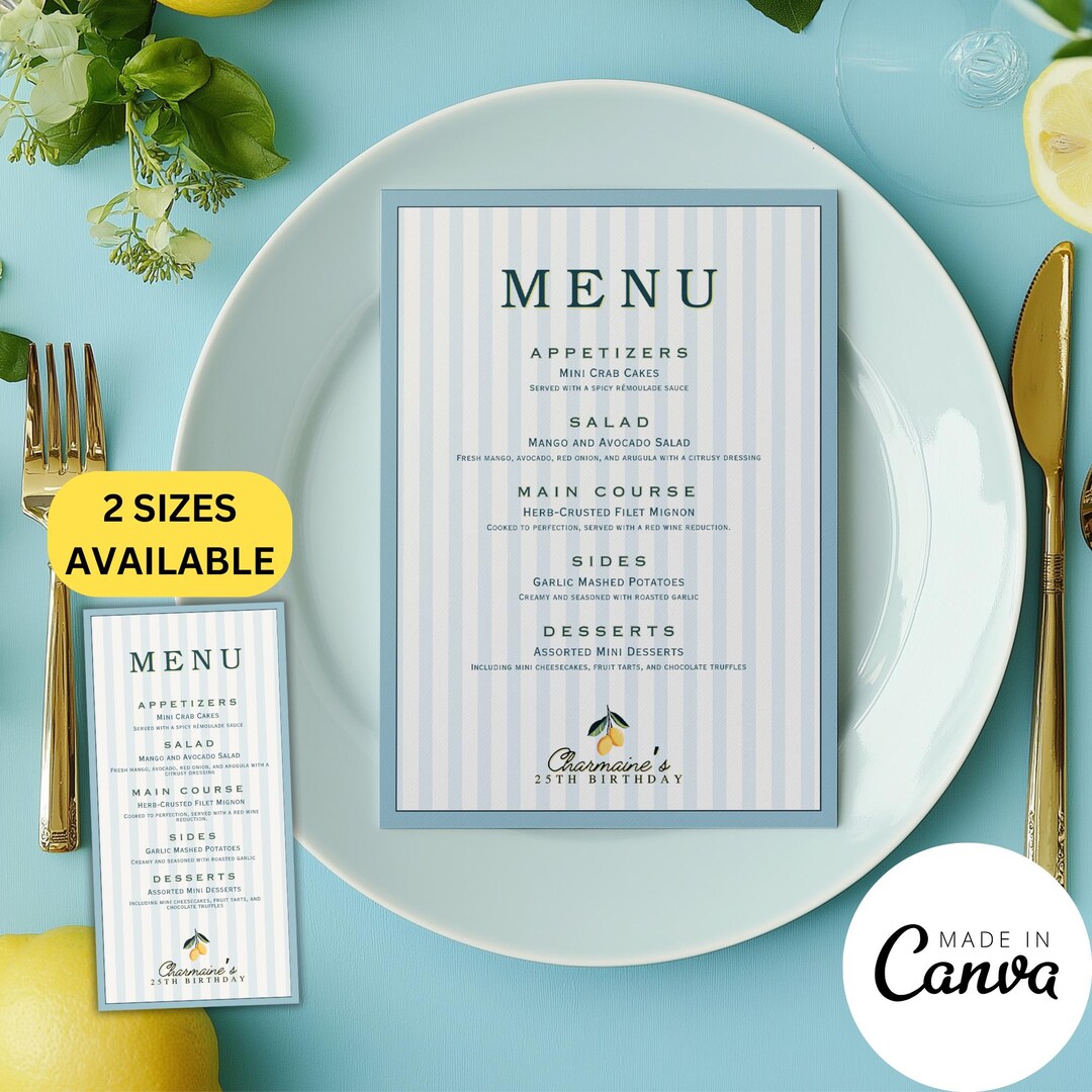 Italian Summer Wedding Menu Card Template, Citrus Lemon Birthday Brunch ...