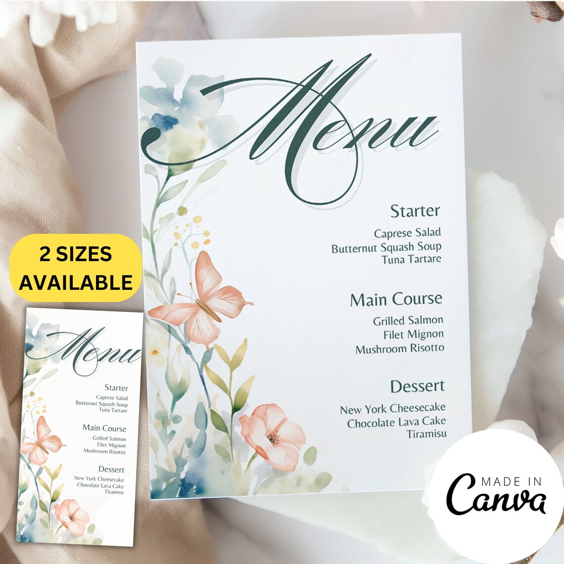 Butterfly Wedding Menu Card Template, EDITABLE Spring Floral Lunch Menu ...