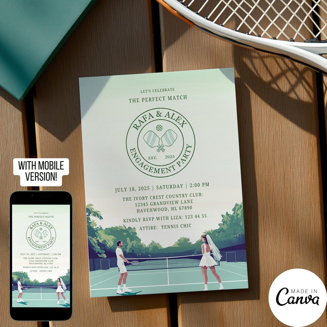 Pickleball Themed Engagement Party Invitation Template, Country Club ...
