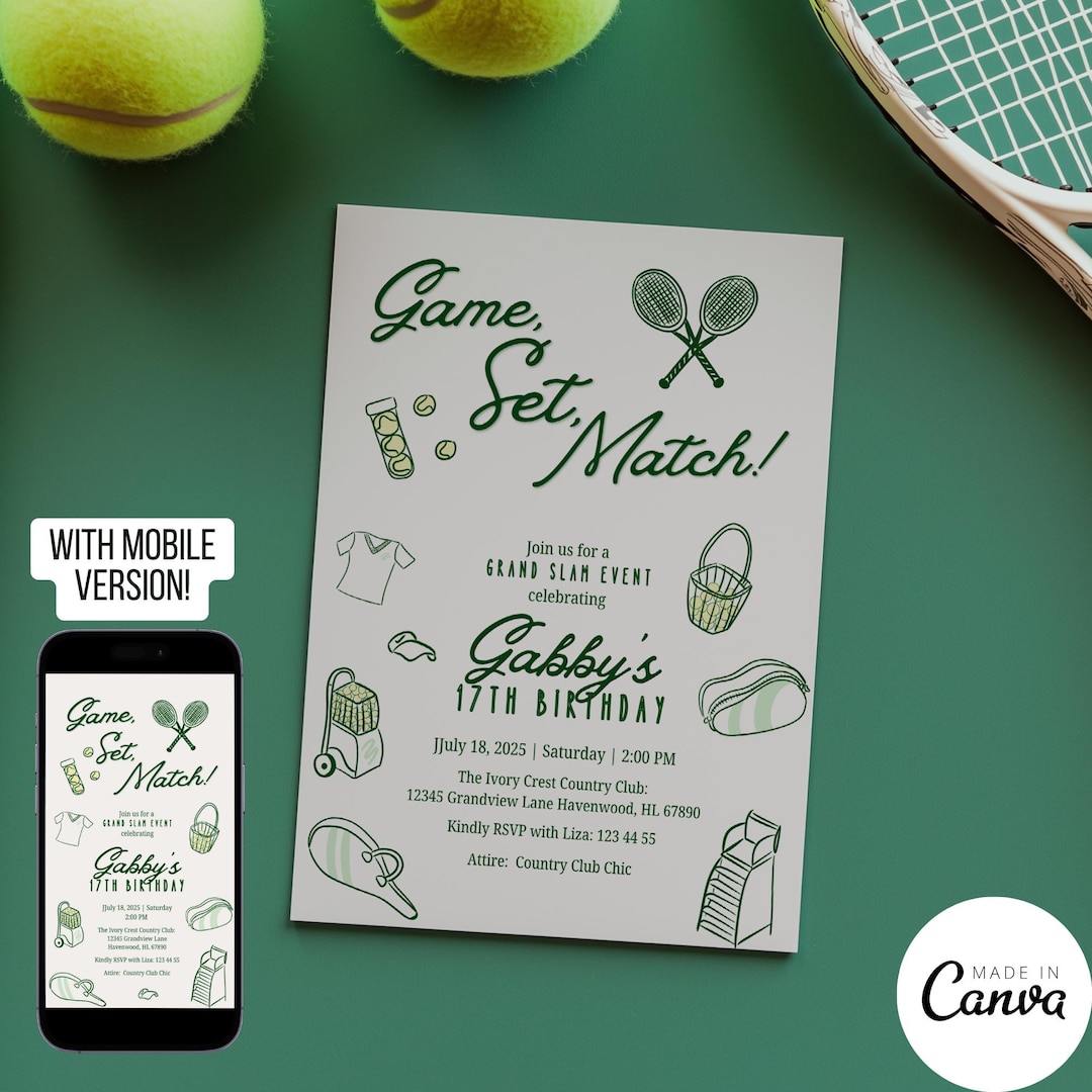 Tennis Themed Birthday Invitation Template, Hand Drawn Illustration ...