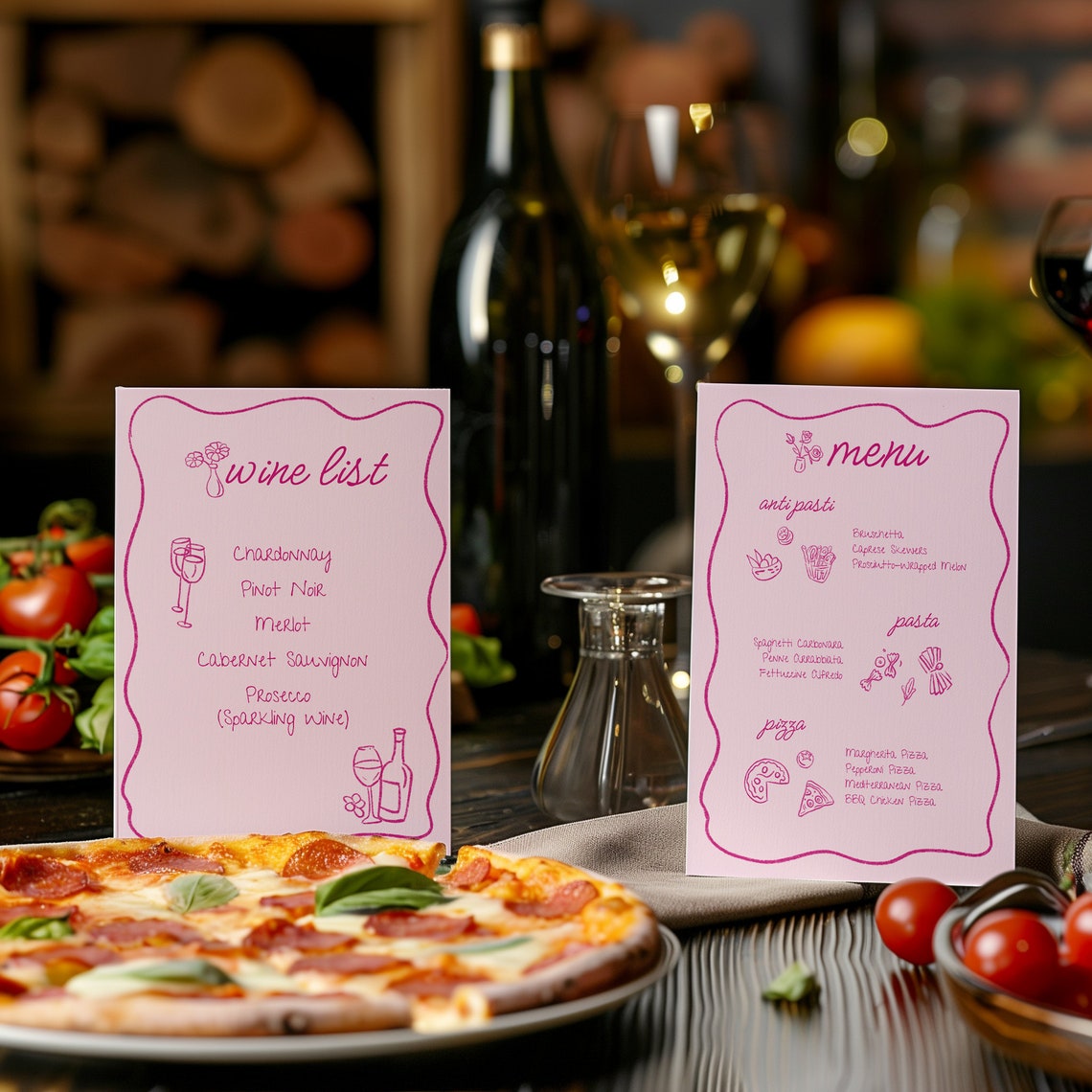 Pizza and Wine Menu Card Template, Italian Themed Birthday Dinner Menu ...