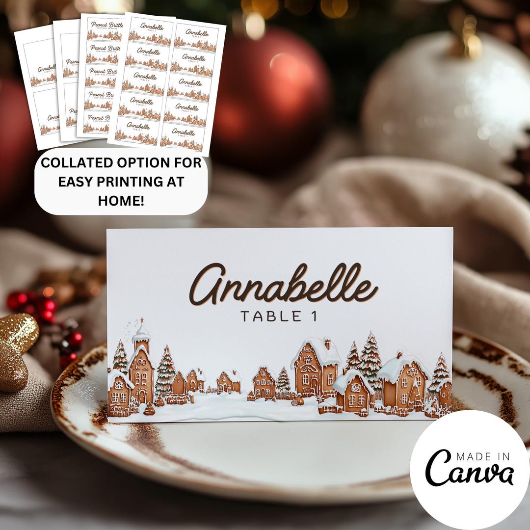 Gingerbread Village Name Card Template, Winter Wonderland Place Setting ...