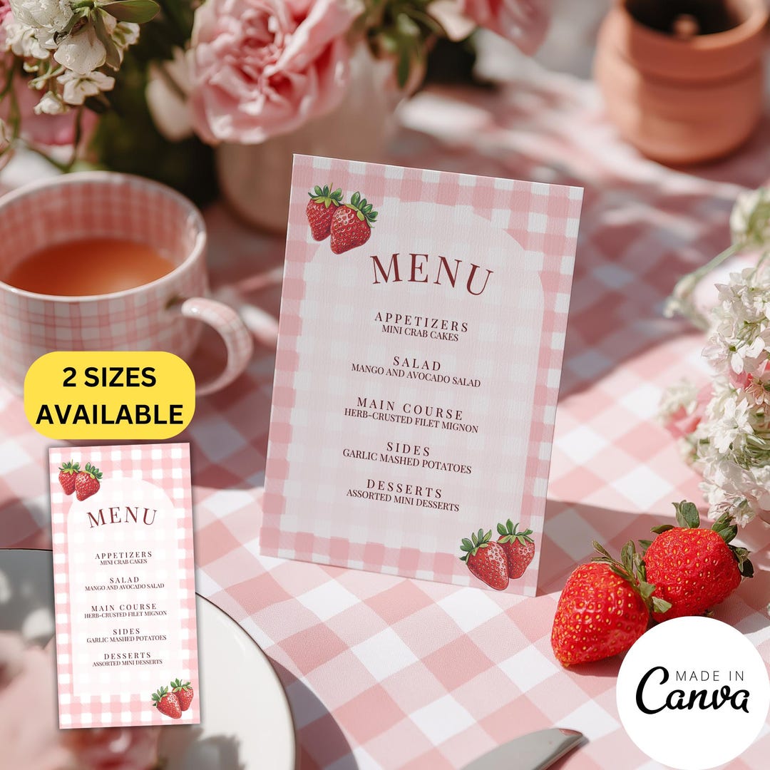 Modèle de carte de menu sur le thème des fraises, décor à imprimé vichy ...