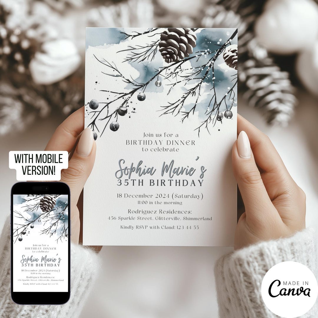 Winter Birthday Invitation Template, Editable Winter Wonderland Holiday ...