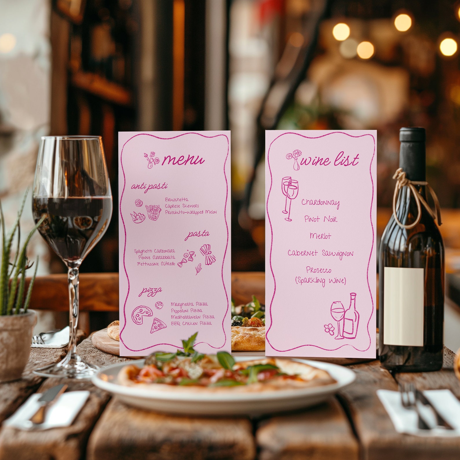 Pizza and Wine Menu Card Template, Italian Themed Birthday Dinner Menu ...