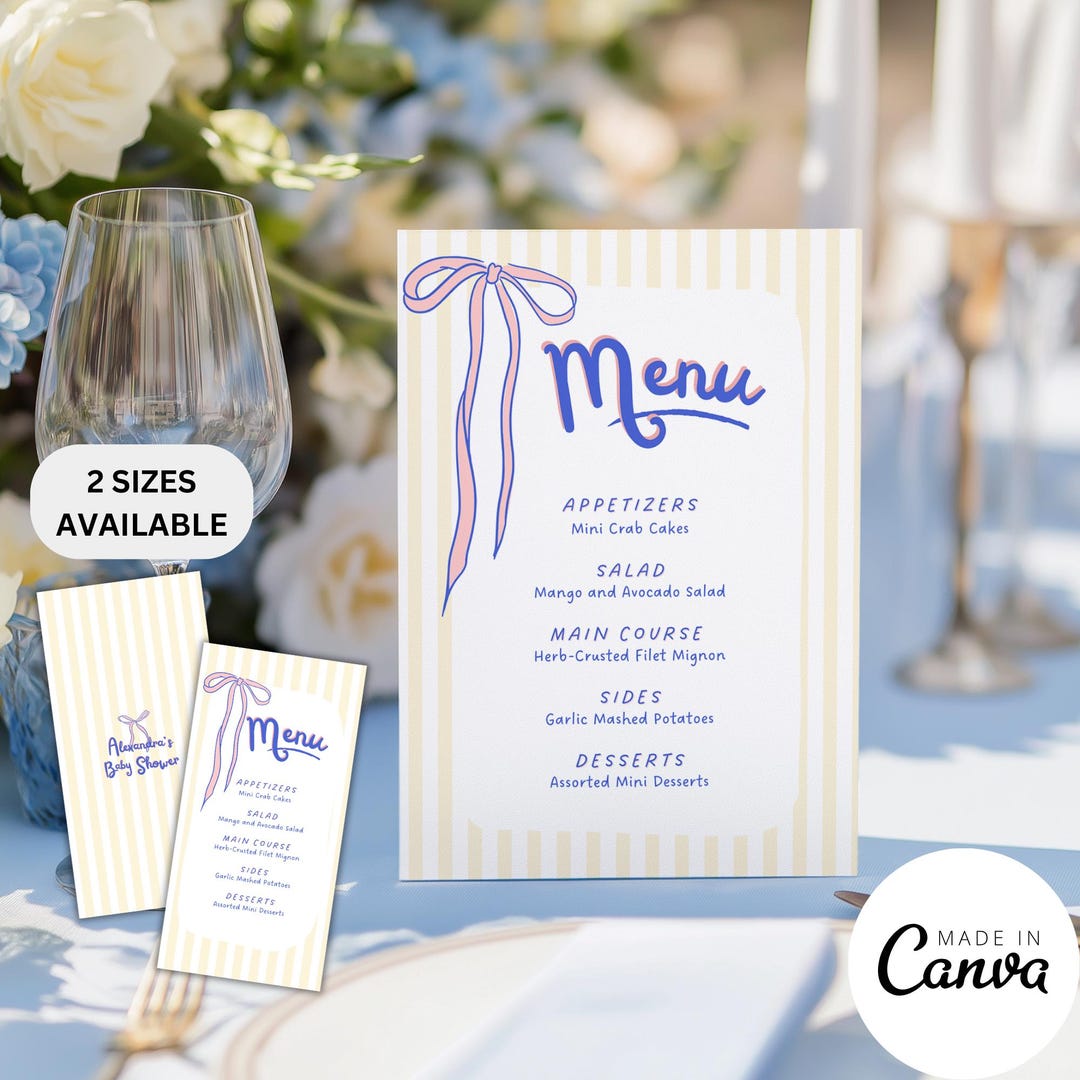 Coquette Birthday Menu Card Template, Ribbon Bow Wedding Brunch Menu ...
