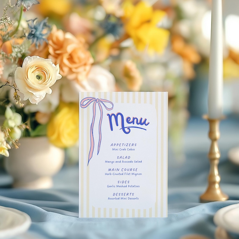 Coquette Birthday Menu Card Template, Ribbon Bow Wedding Brunch Menu ...
