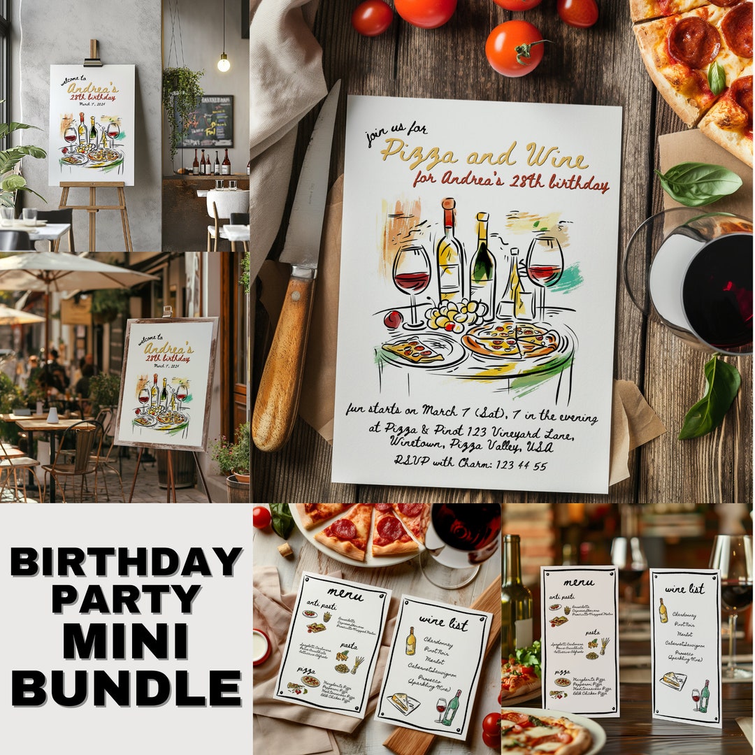 Pizza and Wine Birthday Party Template Bundle, Italian Dinner Birthday ...