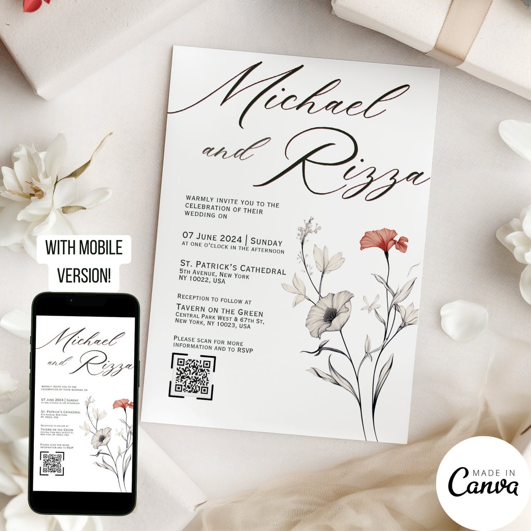 Minimalist Wedding Invitation Template, Wildflower Garden Invite ...