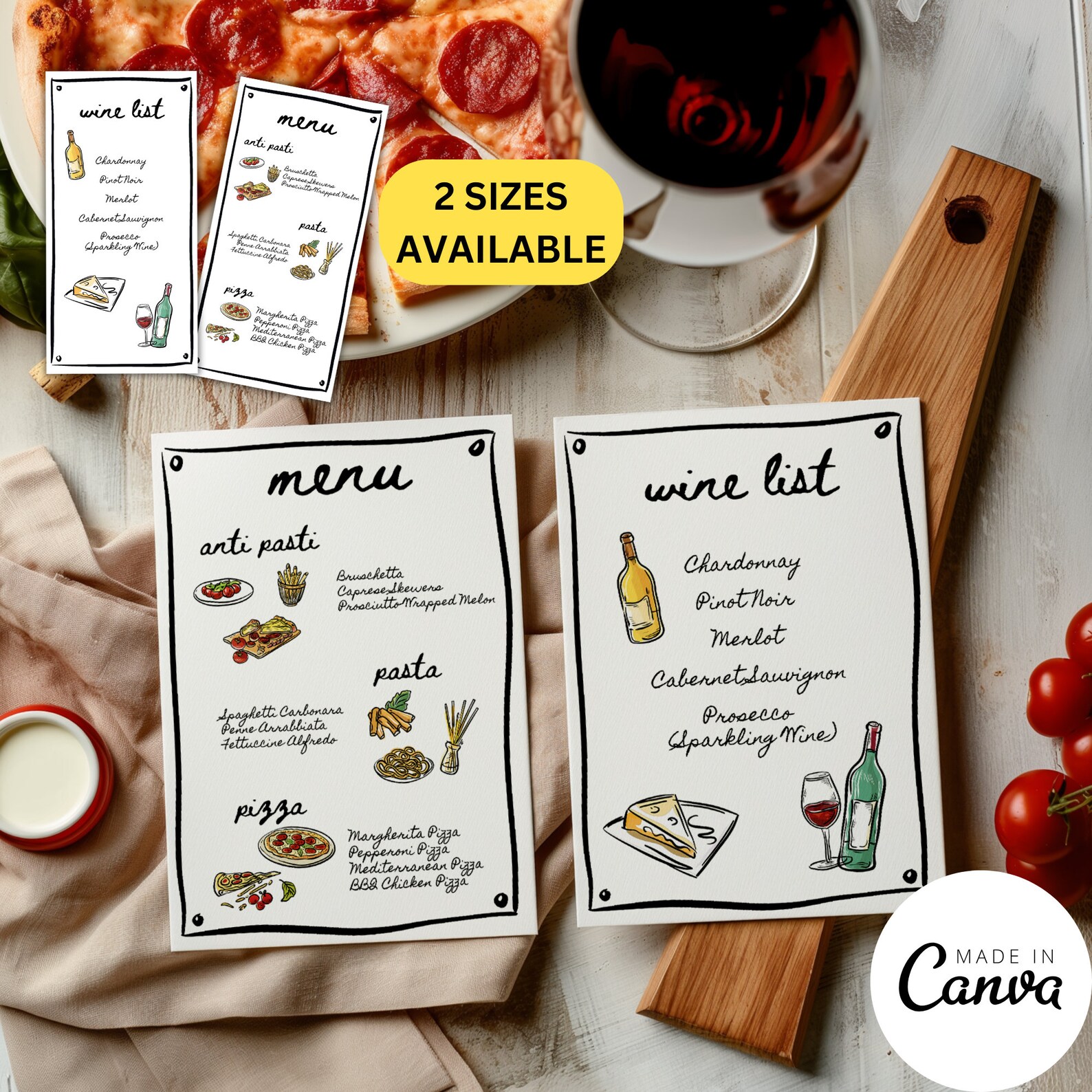 Pizza and Wine Menu Card Template, Italian Themed Birthday Dinner Menu ...