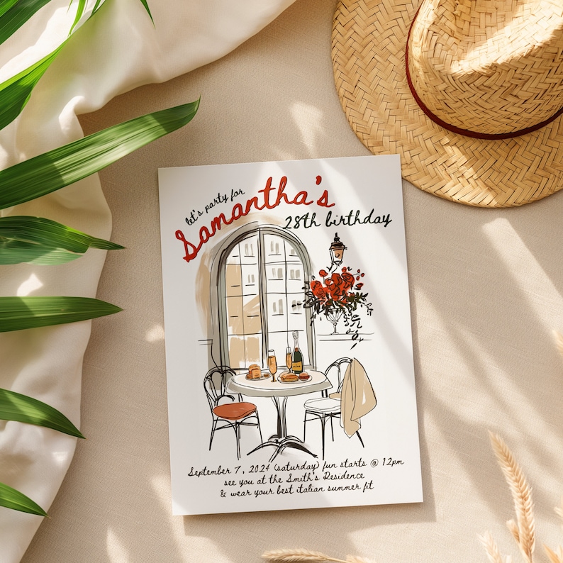 Birthday Brunch Invitation Template, Hand Drawn French Style 40th ...