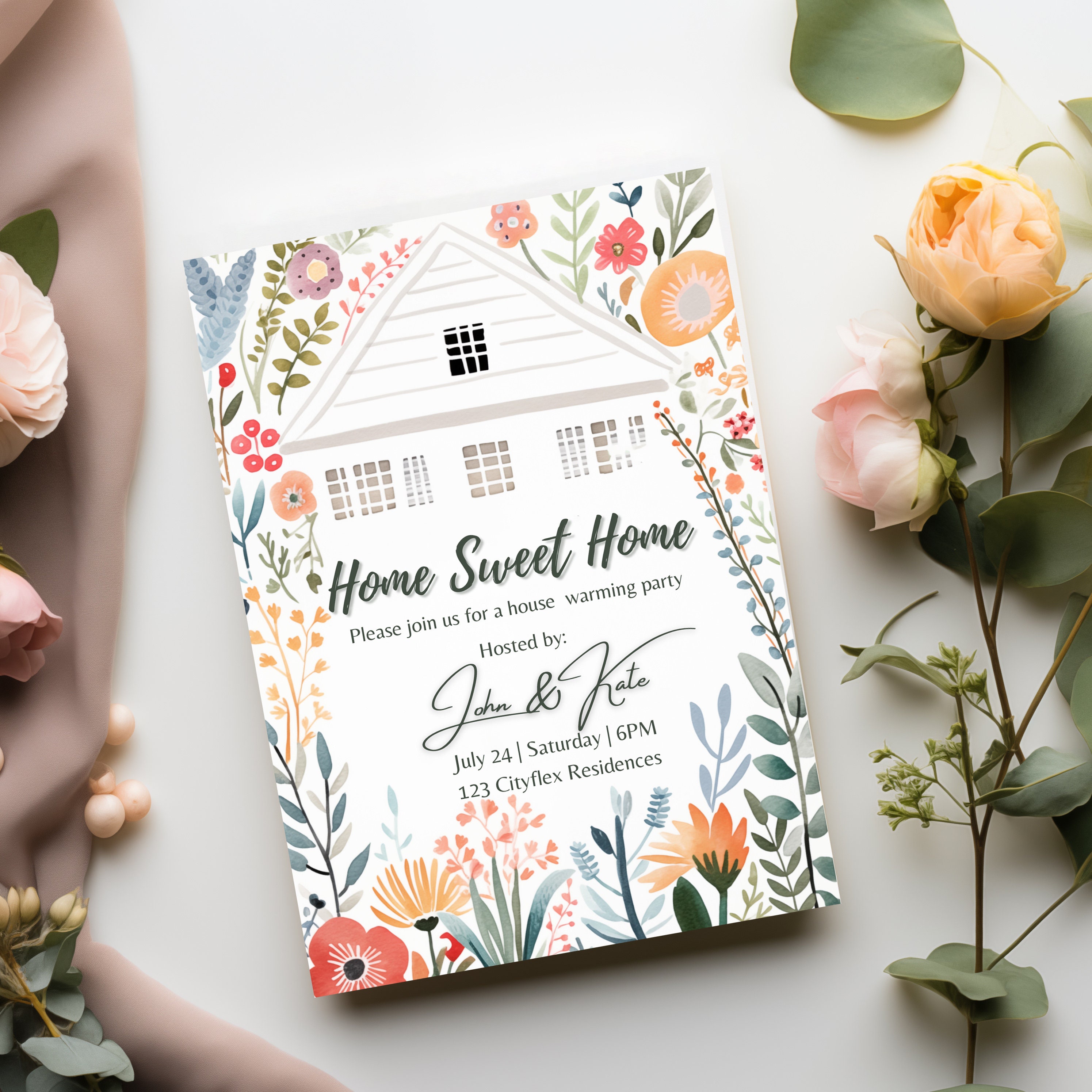 Floral Housewarming Party Invitation Template, Digital Save the Dates ...