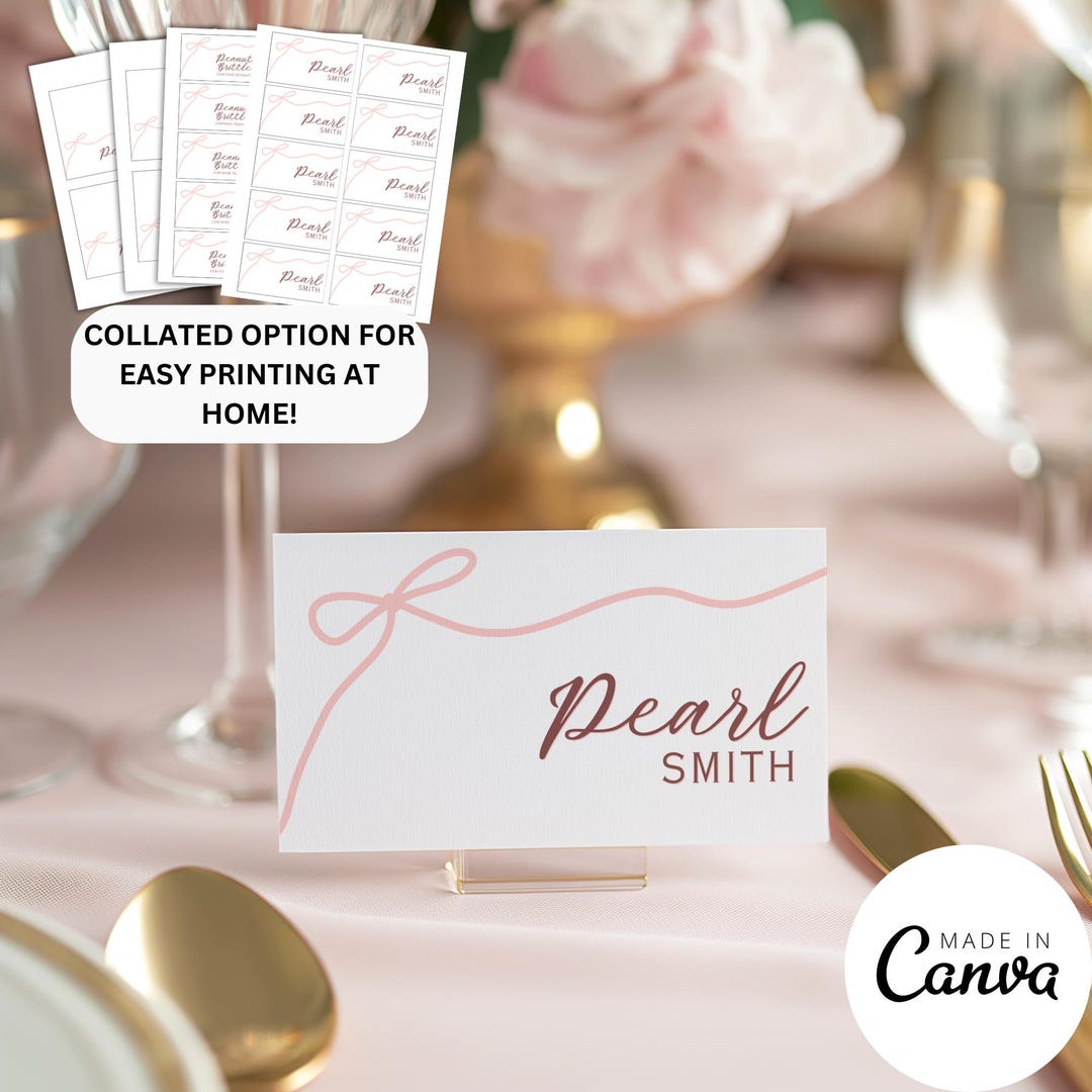 Coquette Name Card Template, Hand Drawn Ribbon Place Setting ...