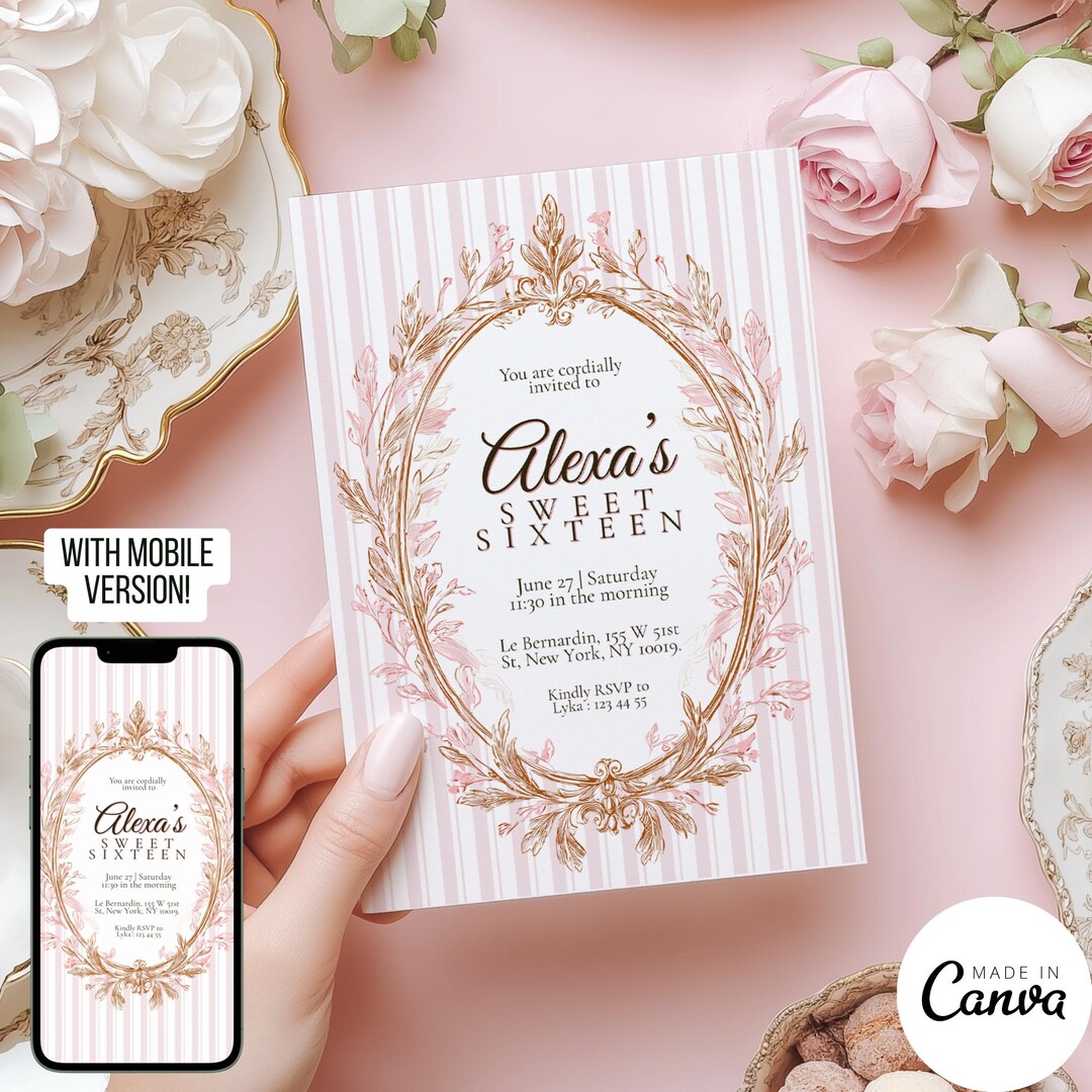 Pink Victorian Inspired Sweet Sixteen Birthday Invitation Template ...