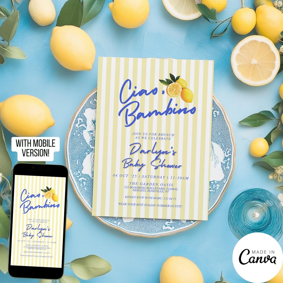 Ciao Bambino Baby Shower Invitation Template, Citrus Lemon Invite for ...