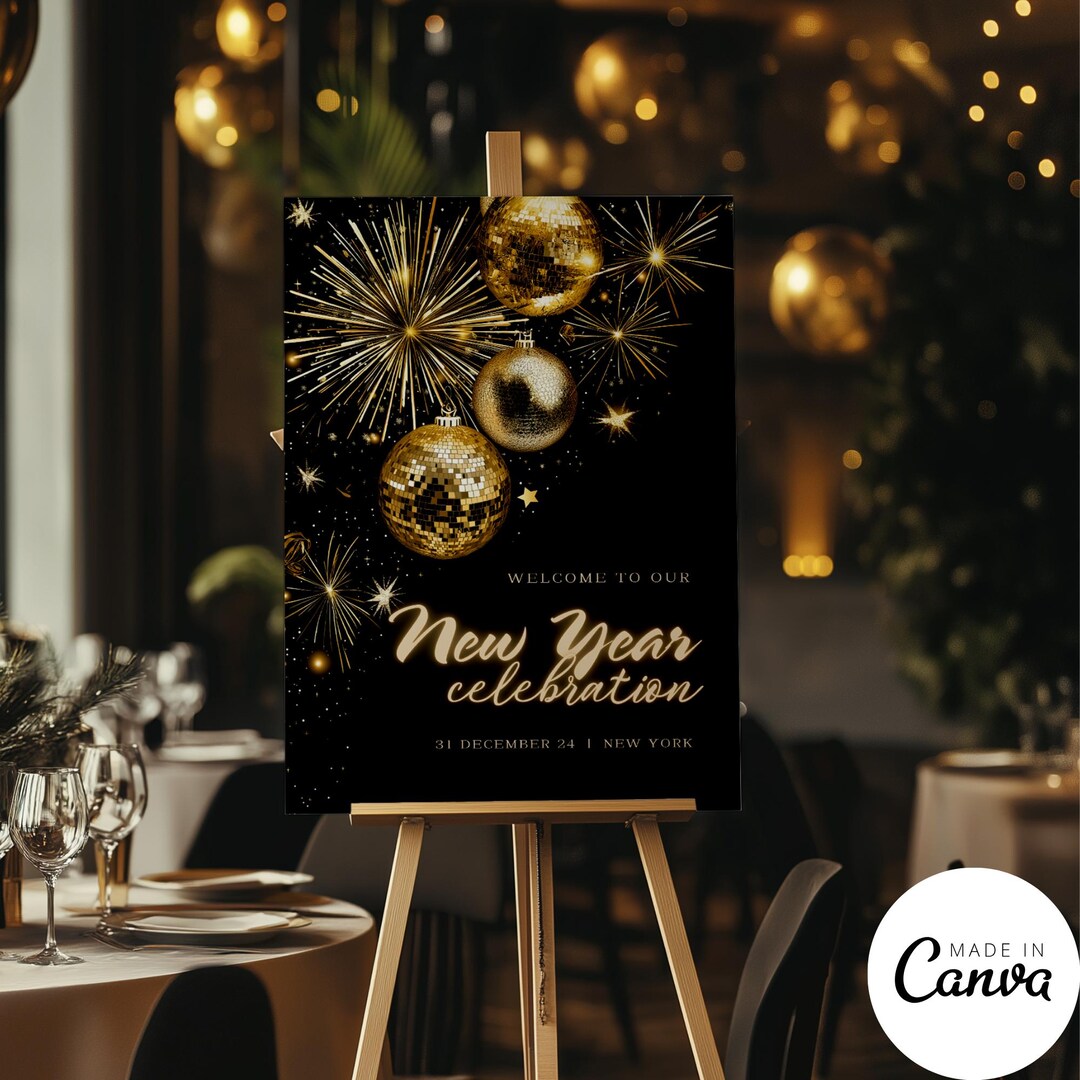 New Year's Eve Party Welcome Sign Template, Golden Fireworks Holiday ...