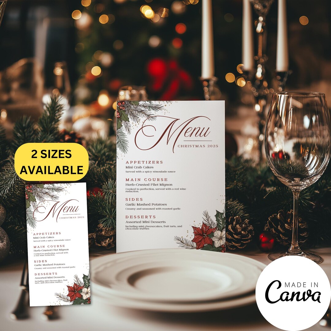 Christmas Menu Card Template, Holiday Dinner Menu Letter, Winter ...