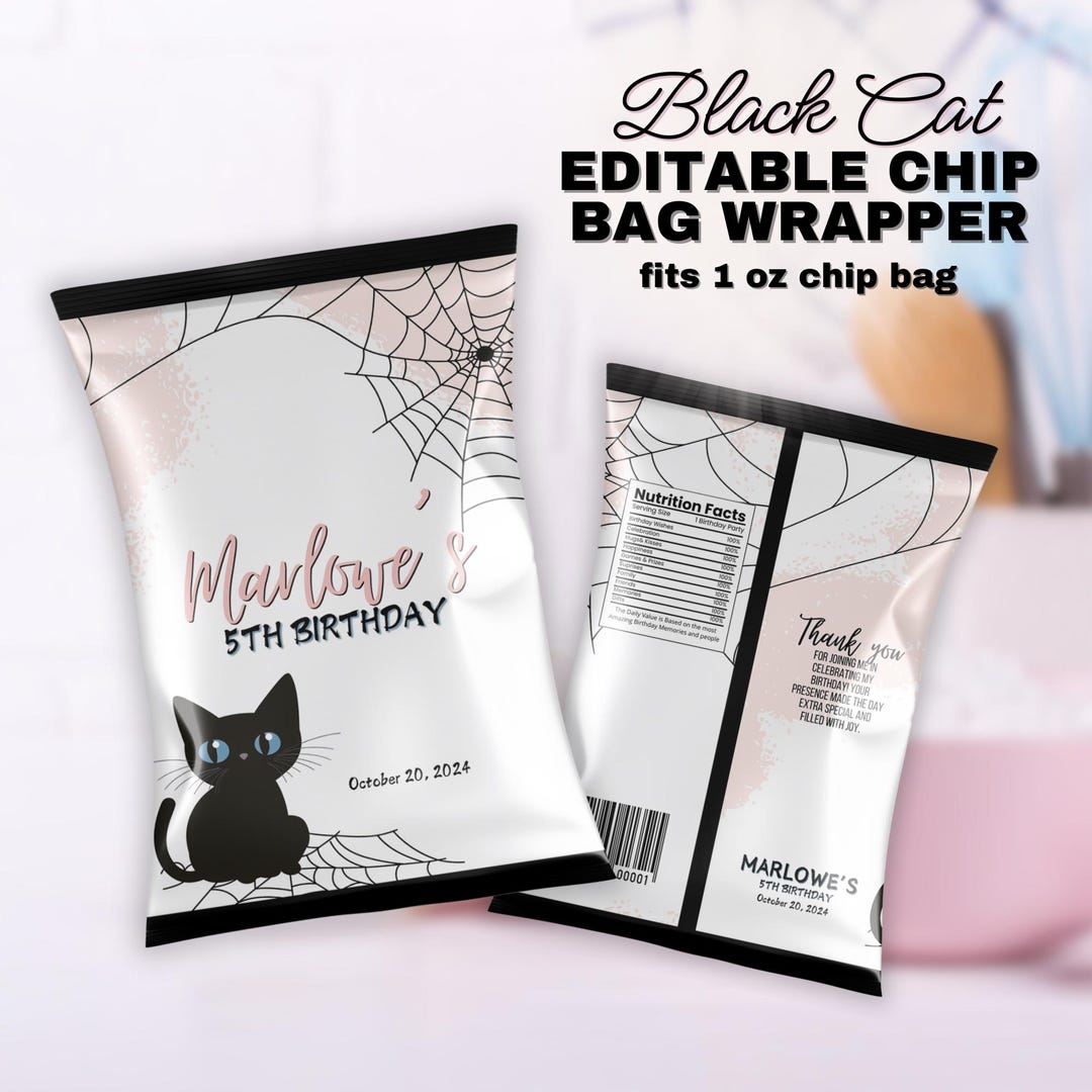 Black Cat Halloween Chip Bag Design Template, DIY Editable Trick or ...