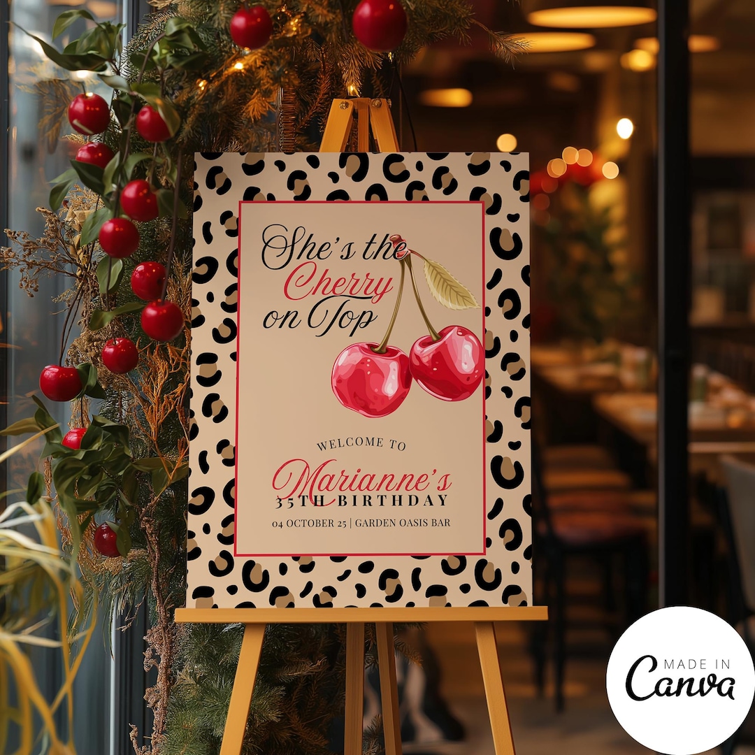 She's the Cherry on Top Welcome Sign Template, Cheetah Print Birthday ...