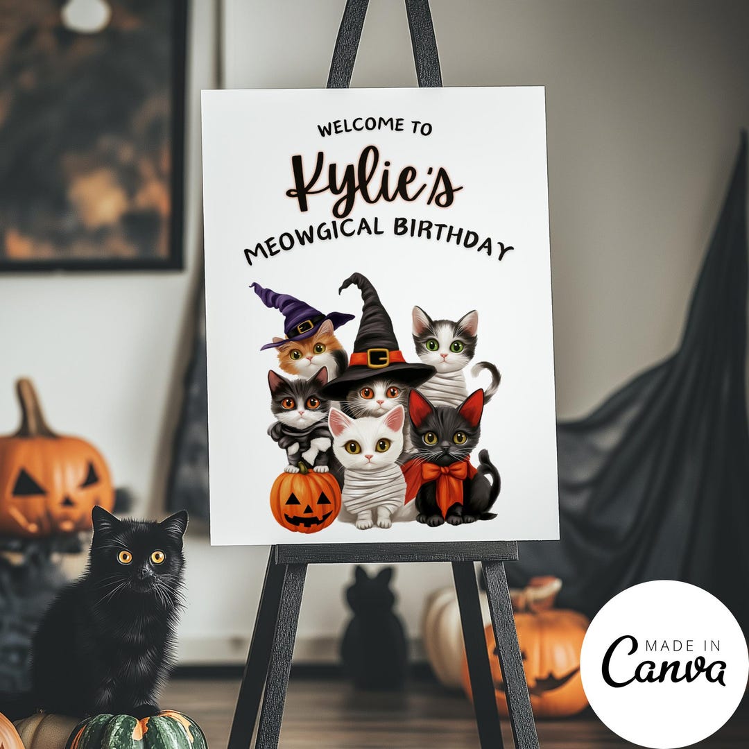 Cat Themed Halloween Party Welcome Sign Template, Costume Party First ...