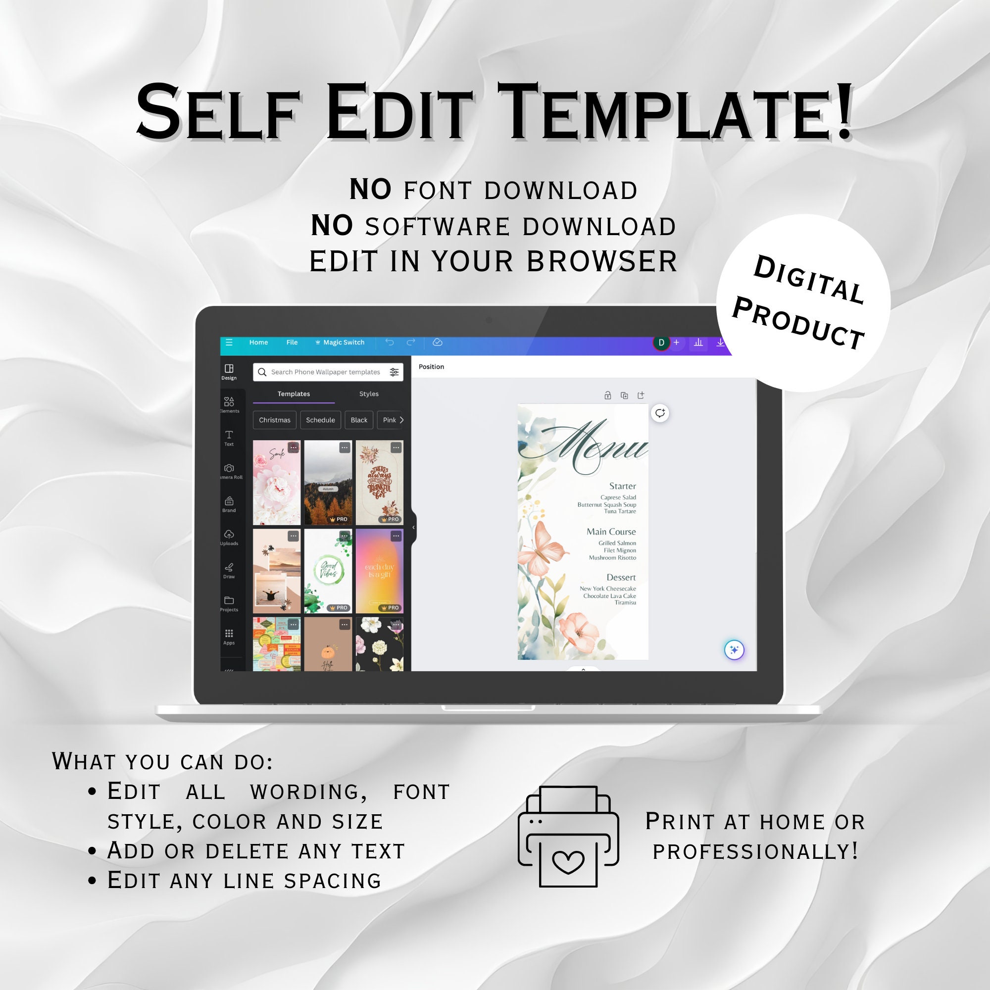 Butterfly Wedding Menu Card Template, EDITABLE Spring Floral Lunch Menu ...