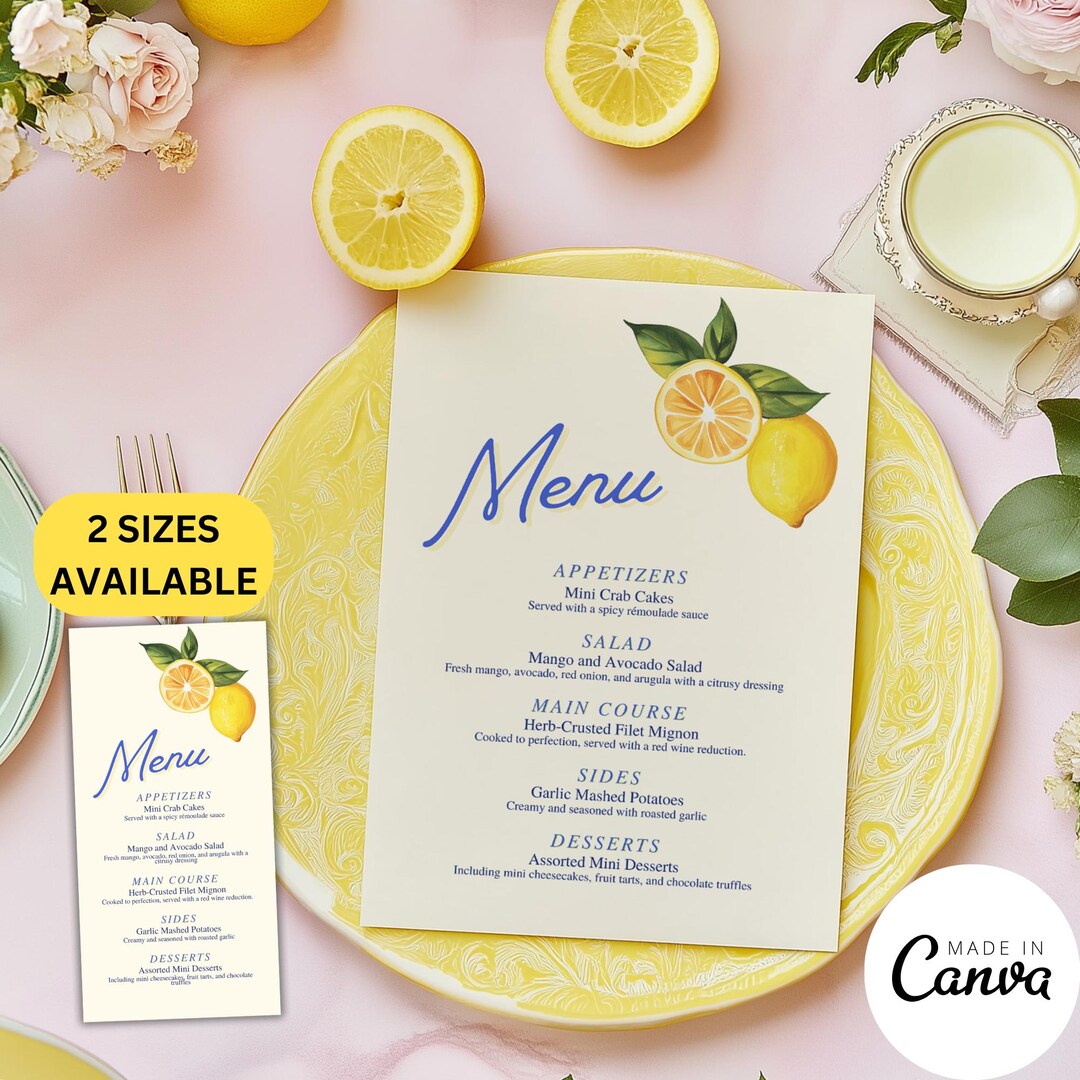 Italian Summer Wedding Menu Card Template, Citrus Lemon Birthday Brunch ...