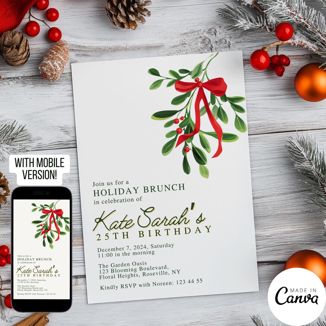 Christmas Mistletoe Birthday Invitation Template, Editable Brunch and ...