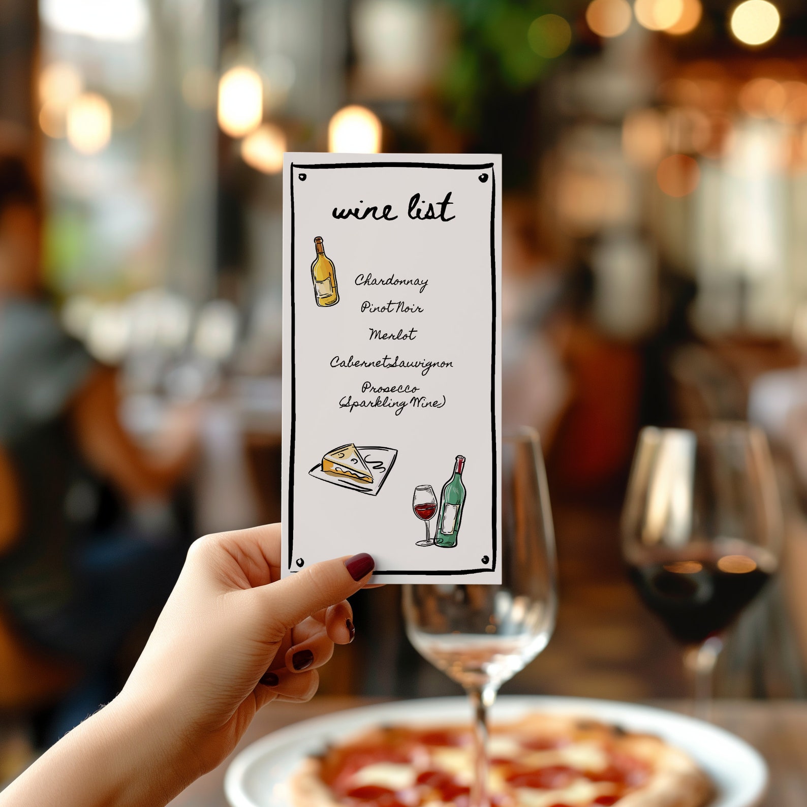 Pizza and Wine Menu Card Template, Italian Themed Birthday Dinner Menu ...