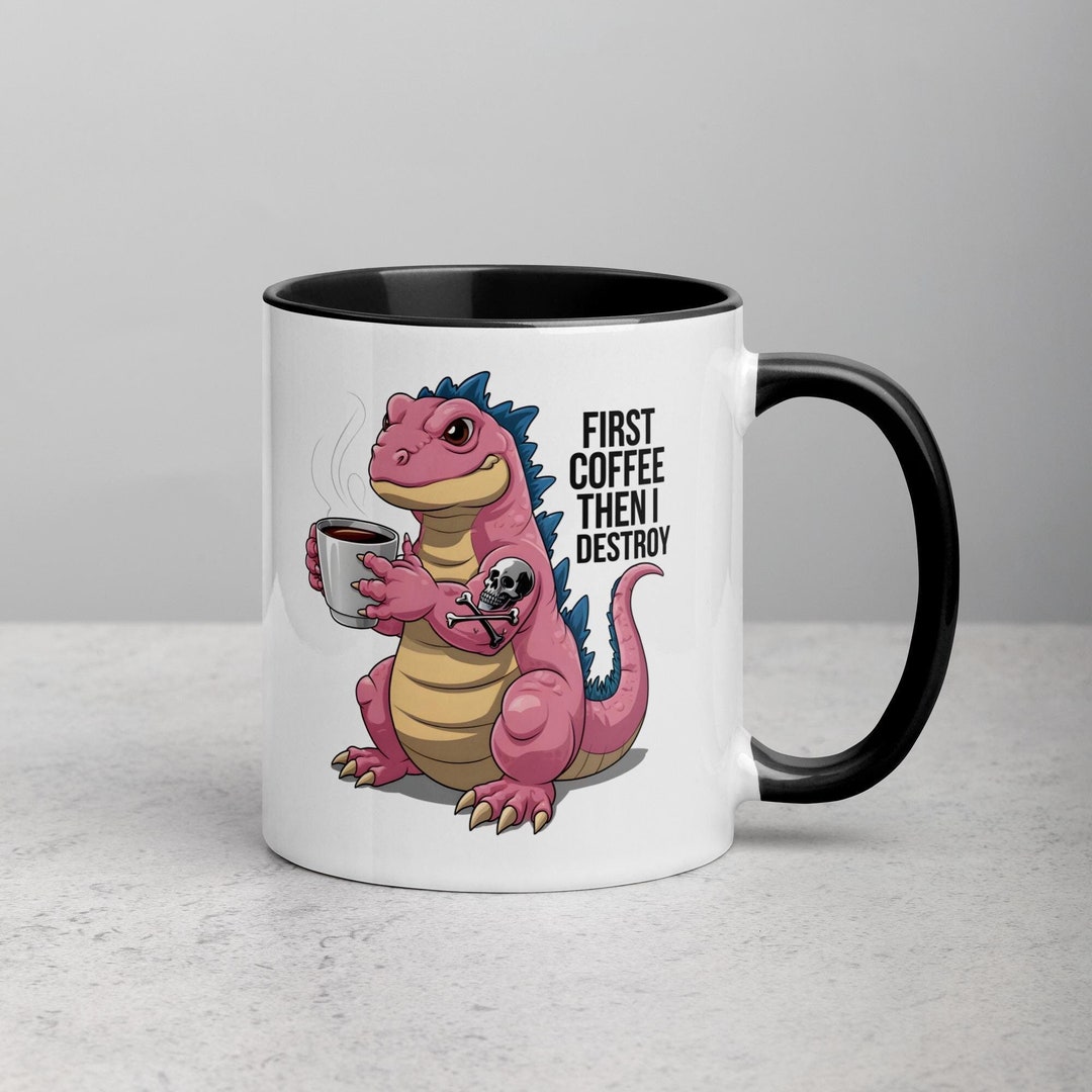 Cute Pink Godzilla Lizard Coffee Mug - Funny Ceramic Mug With "first ...