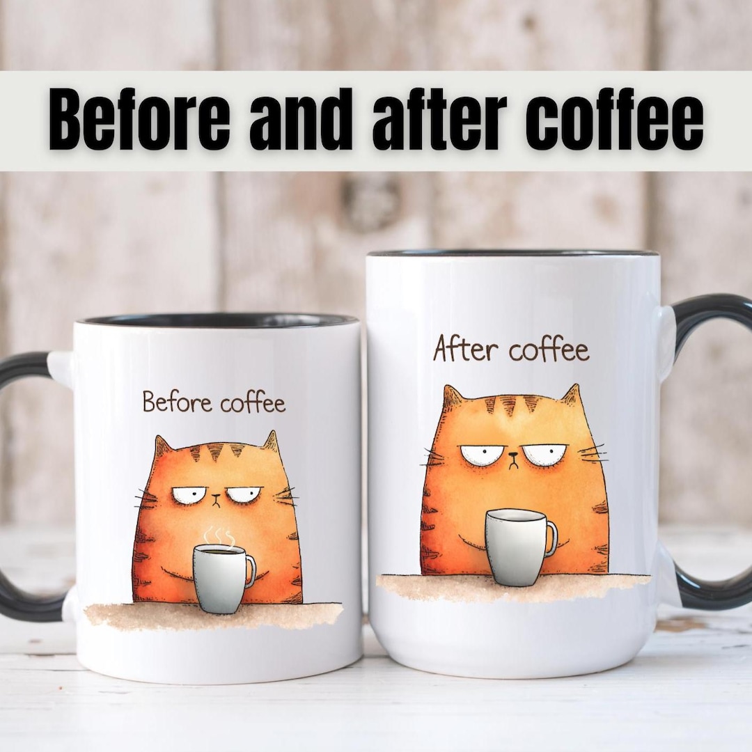 Funny Before & After Coffee Cat Mug | Watercolor Art - Etsy