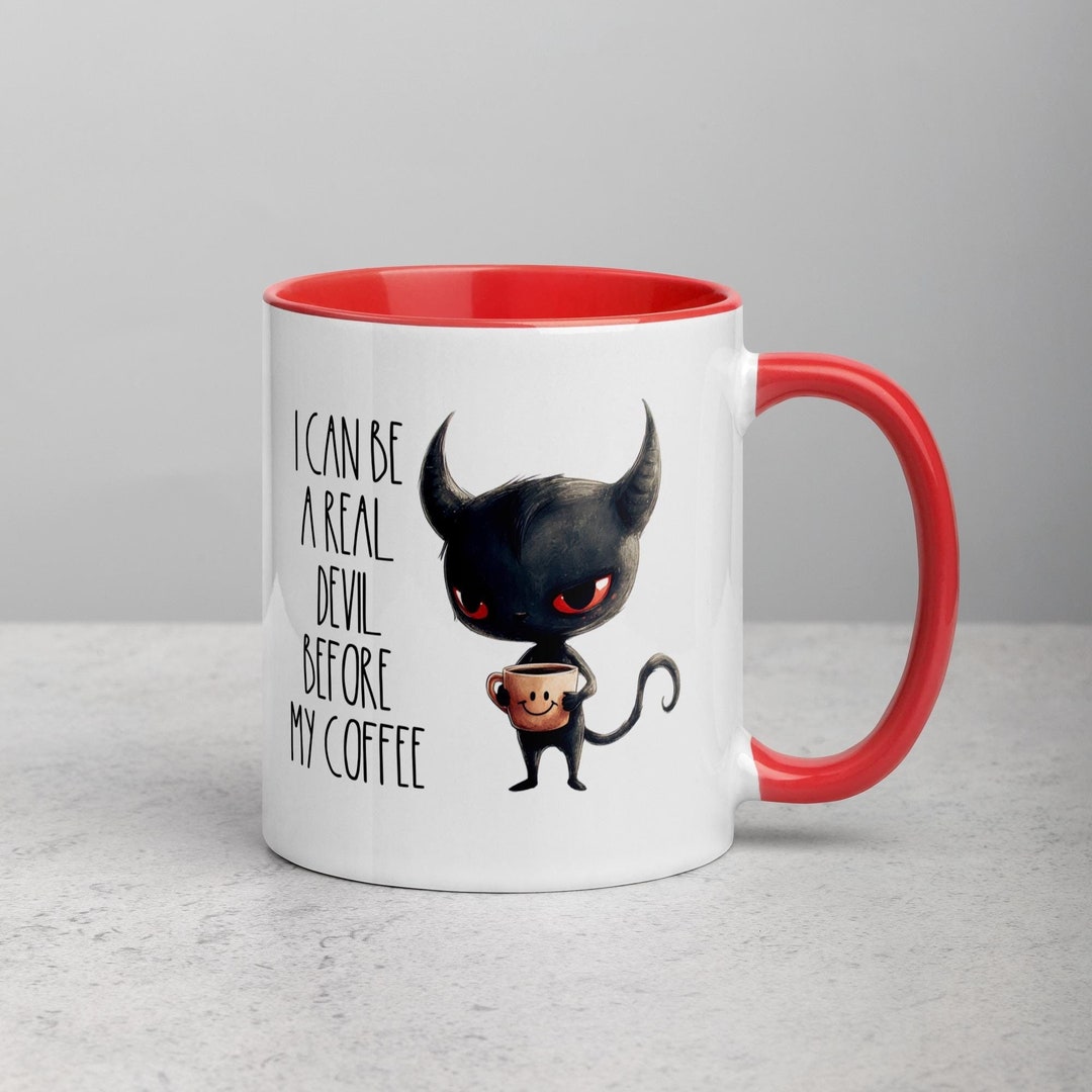 Funny Ceramic Mug With Sleepy Devil Illustration Watercolor Coffee ...