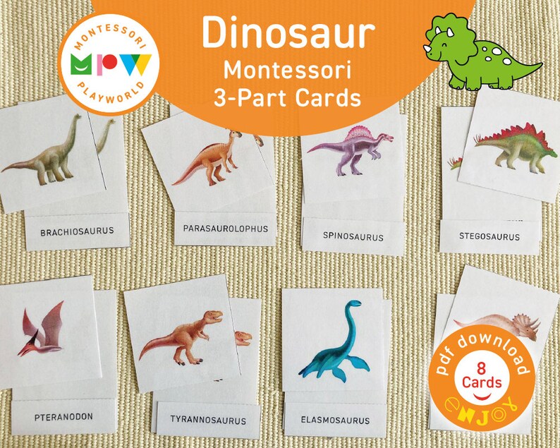 Dinosaur Montessori 3-part Cards Preschool Printables Dinosaur ...