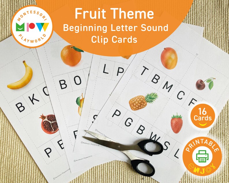 Beginning Letter Sounds Fruit Theme Printable Montessori Clip Cards ...