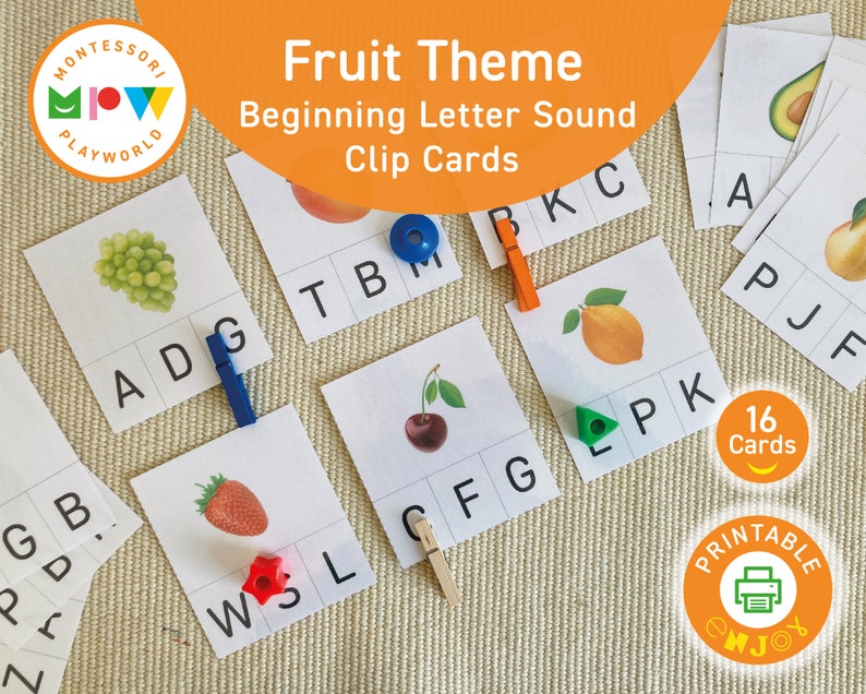 Beginning Letter Sounds Fruit Theme Printable Montessori Clip Cards ...