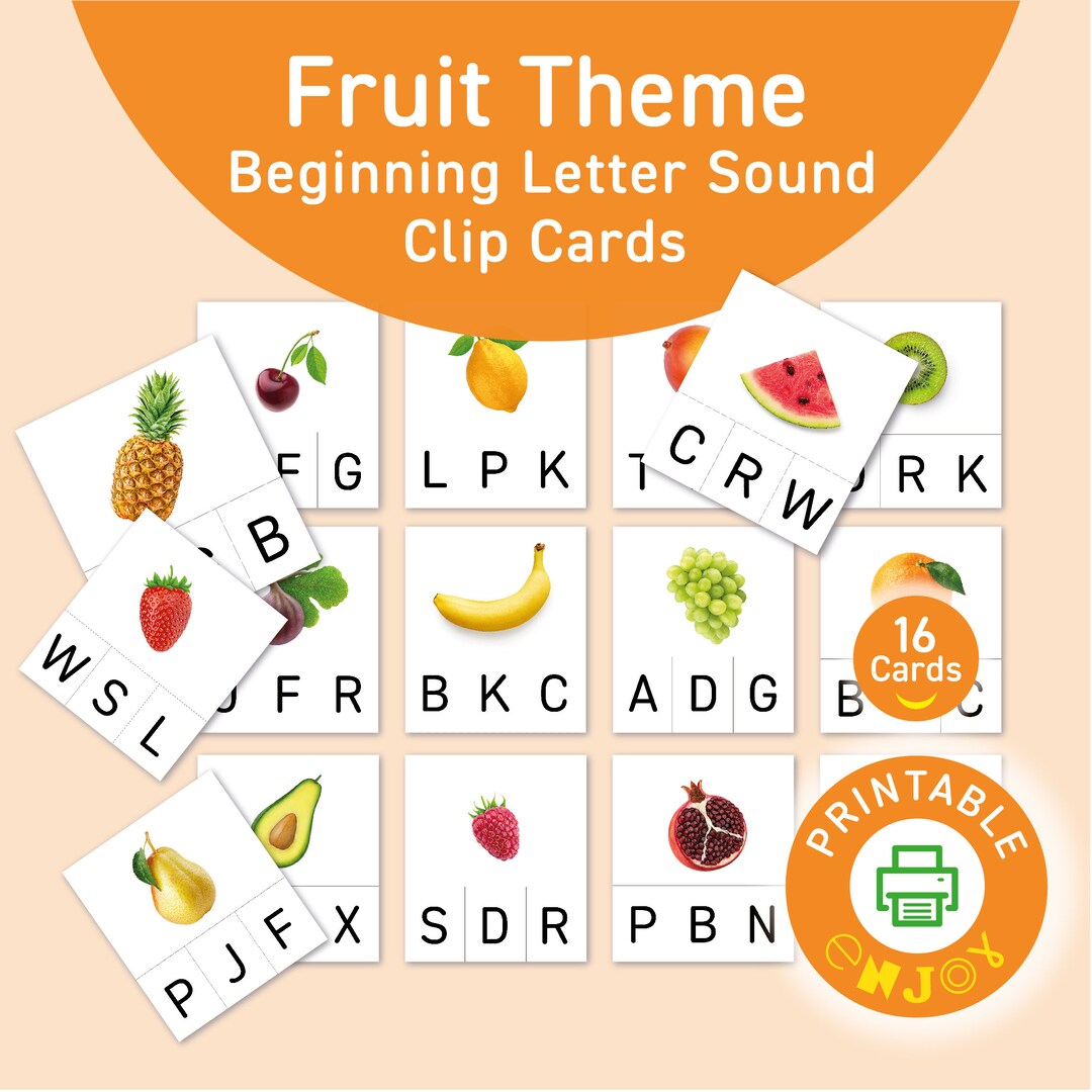 Beginning Letter Sounds Fruit Theme Printable Montessori Clip Cards ...