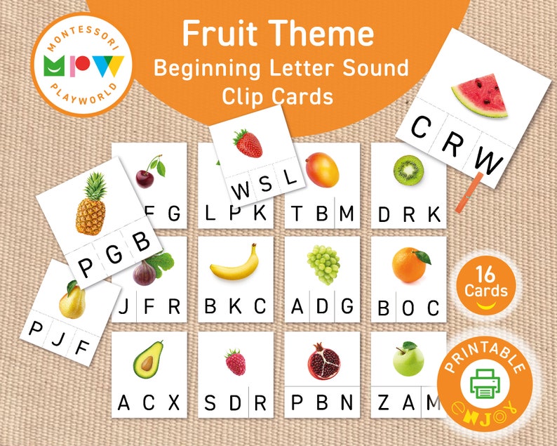 Beginning Letter Sounds Fruit Theme Printable Montessori Clip Cards ...