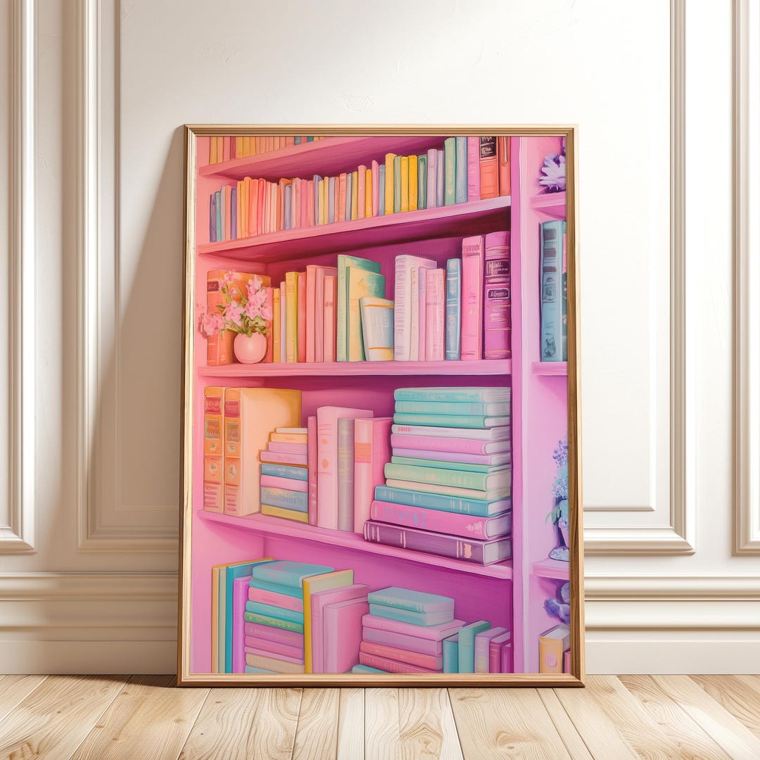 Pink Bookshelf Painting – Colorful Library Wall Art, Abstract Book ...