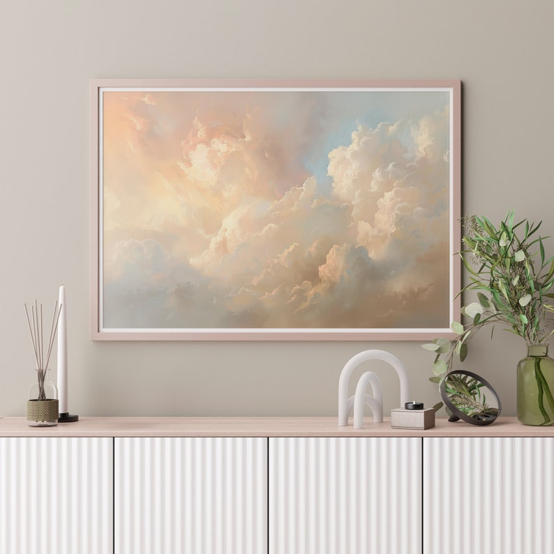 Neutral Clouds Sky Painting – Pastel Dreamy Wall Art, Large Cloudy Sky ...
