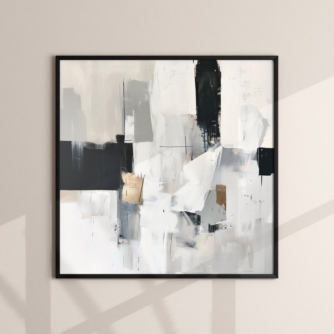 Modern Abstract Square Wall Art - Neutral Large Print - Black and White ...