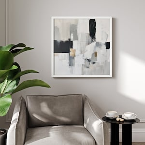 Modern Abstract Square Wall Art - Neutral Large Print - Black and White ...