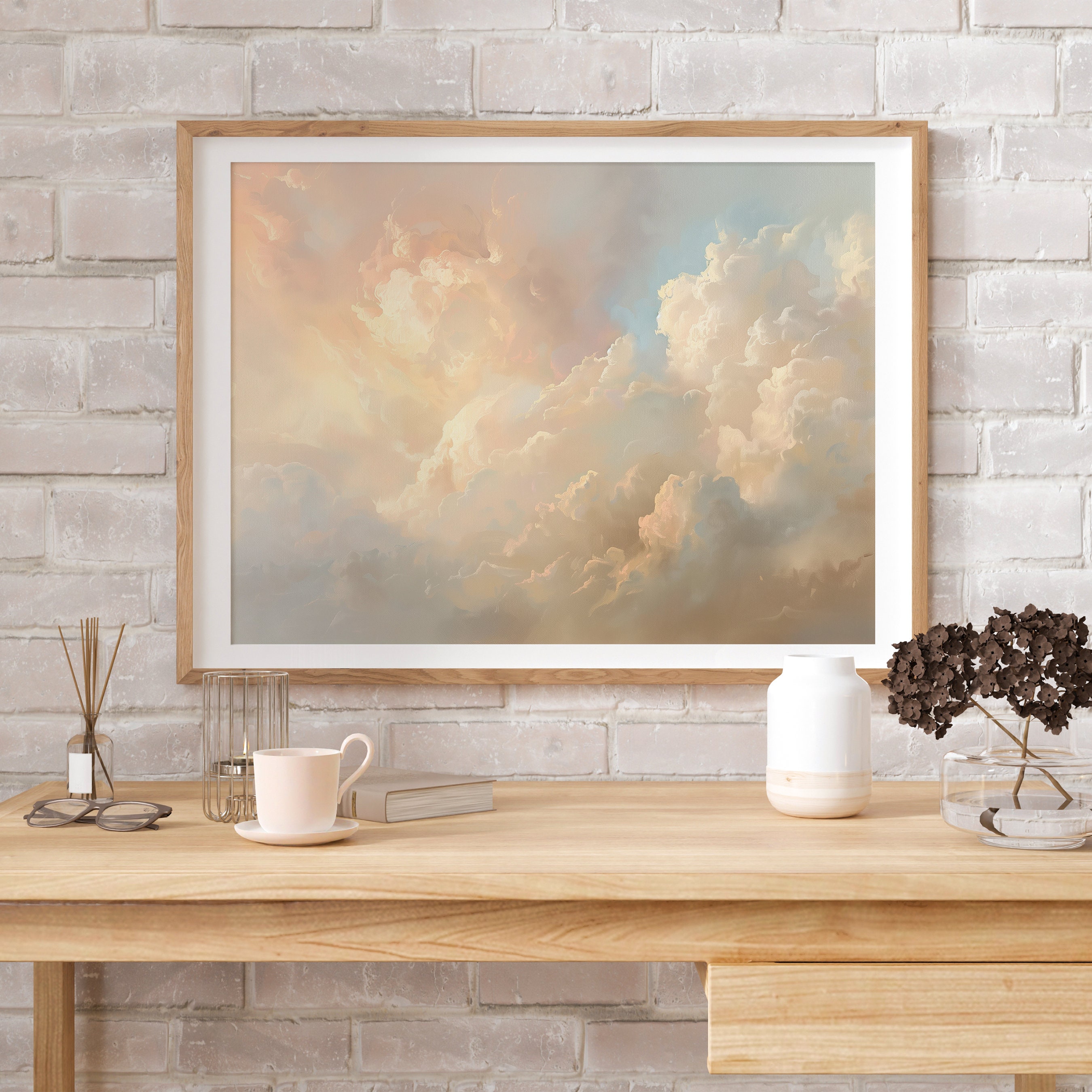Neutral Clouds Sky Painting – Pastel Dreamy Wall Art, Large Cloudy Sky ...