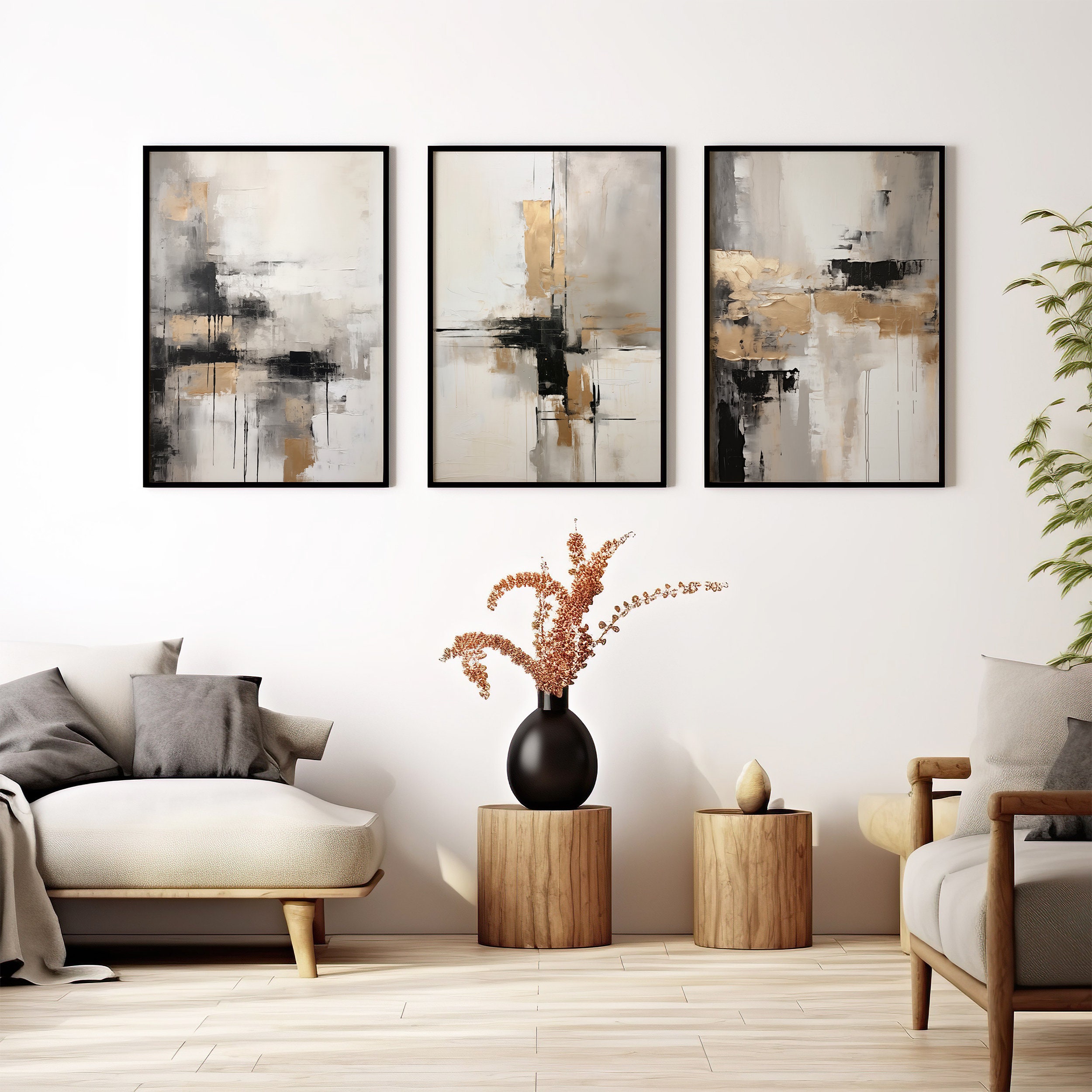Gray and Gold Abstract Wall Art Set of 3 – Modern Minimalist Prints ...